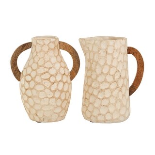 Paper Mache Honeycomb Inspired Jug Vase with Brown Wooden Handles - Set ...