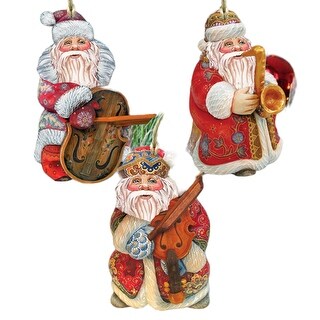 3 Santa Playing Musical Instruments Wooden Christmas Ornaments 5.5 ...