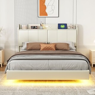 Modern Floating Platform Bed with with Storage Headboard, Touch Sensor ...
