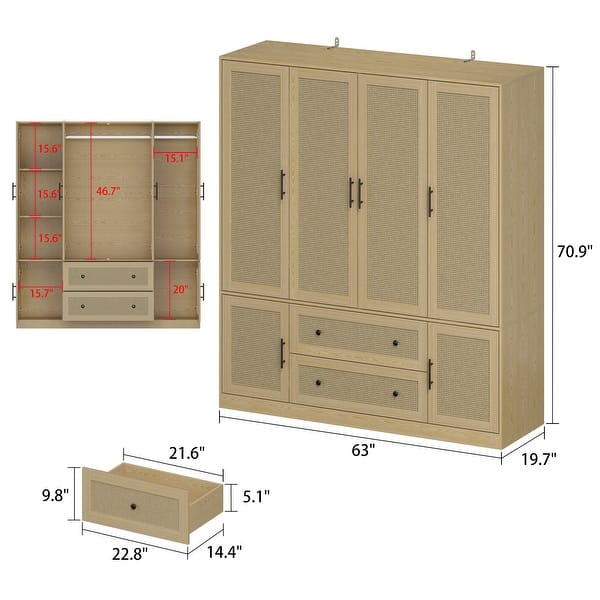 63"W 6-Door Bedroom Wardrobe Cabinet - Spacious Closet Cabinet Armoire ...