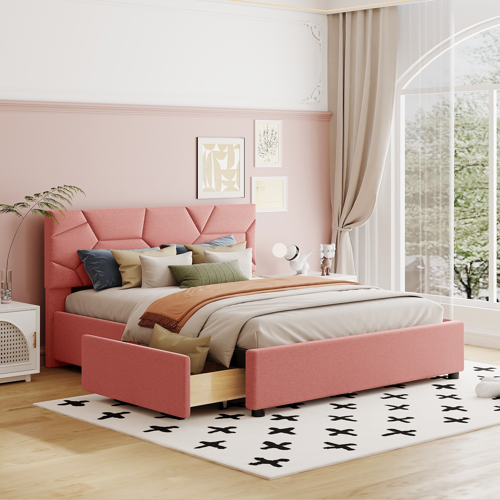 Pink Upholstered Platform Bed Brick Pattern Headboard 4 Drawers