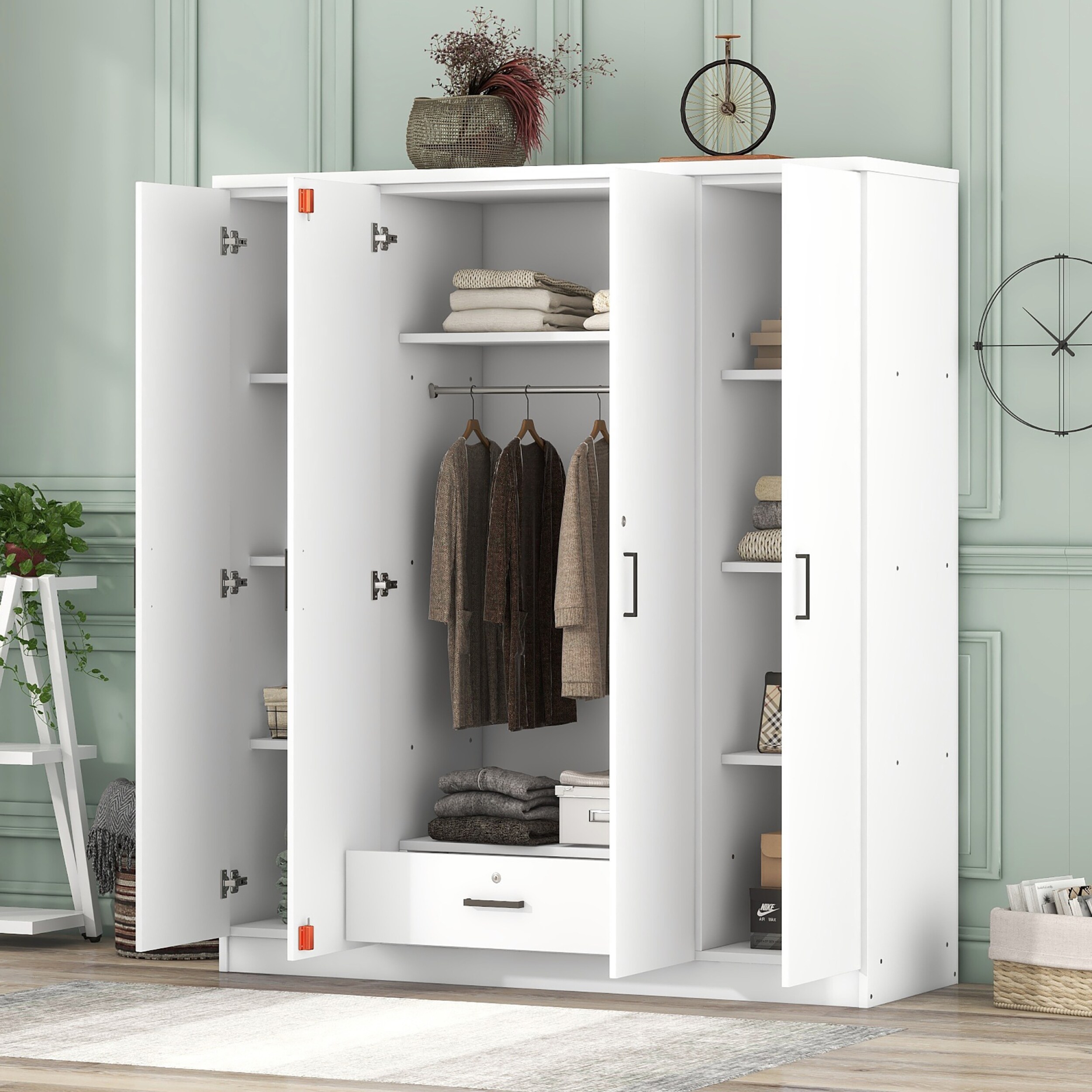 3 Doors Wardrobe Armoire with 2 Drawers Freestanding Armoire Wardrobe Closet w Hanging Rod Clothes Storage Cabinet Organizer Bed Bath Beyond 38148773