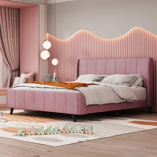 Velvet Frame Platform Bed Pink Wingback Bed wStripe Headboard, 3 ...