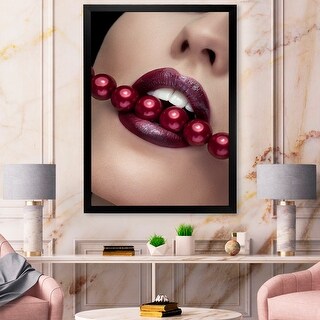 Designart "Woman Bitting With Red Lips With Red Pearls" Modern Framed ...