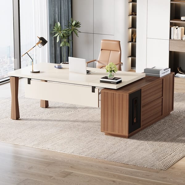 Modern 71-Inch Executive Desk, L-Shaped Desk with Storage Shelves and ...
