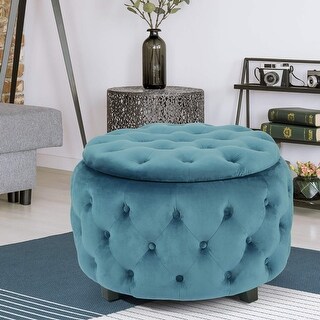 Adeco Tufted Blue Round Storage Ottoman - Bed Bath & Beyond - 28746022