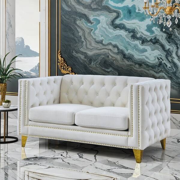 Velvet 2-Seat Sofa Buttons Tufted Couch for Living Room, Beige - Bed Bath & Beyond - 38858218