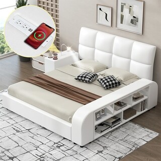 Queen Size Upholstered Platform Bed with Multimedia Nightstand - Bed ...