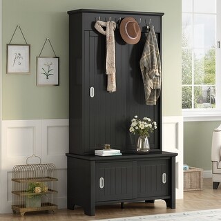 Modern Entryway Hall Tree with Sliding Doors, Hooks, Adjustable Shelves ...