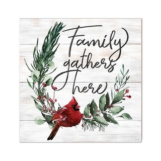 10" Green and Red "Family Gathers Here" Wooden Winter Cardinal Sign ...