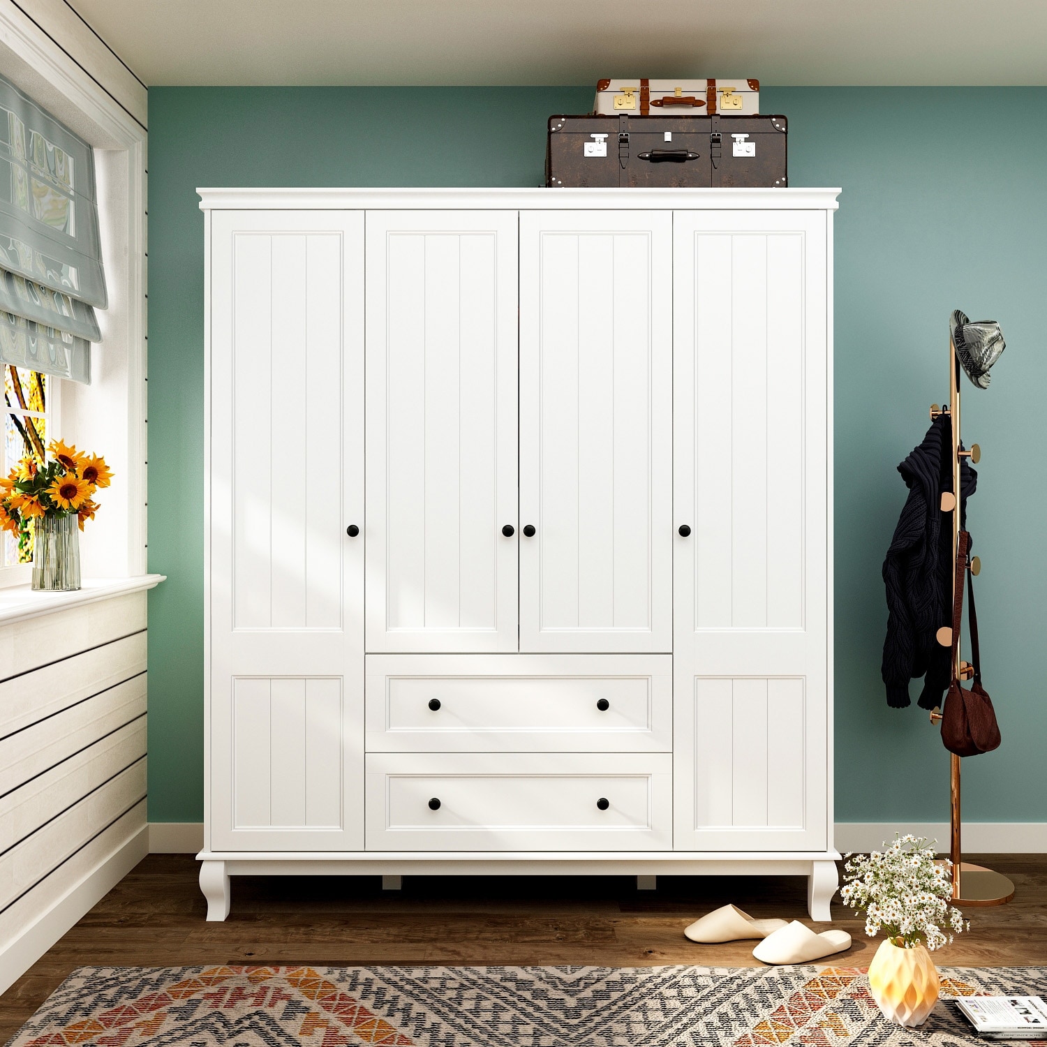FUFU GAGA Home Traditional 2 Drawer Freestanding Wood Armoire in White Lacquer 63 Wx71.3