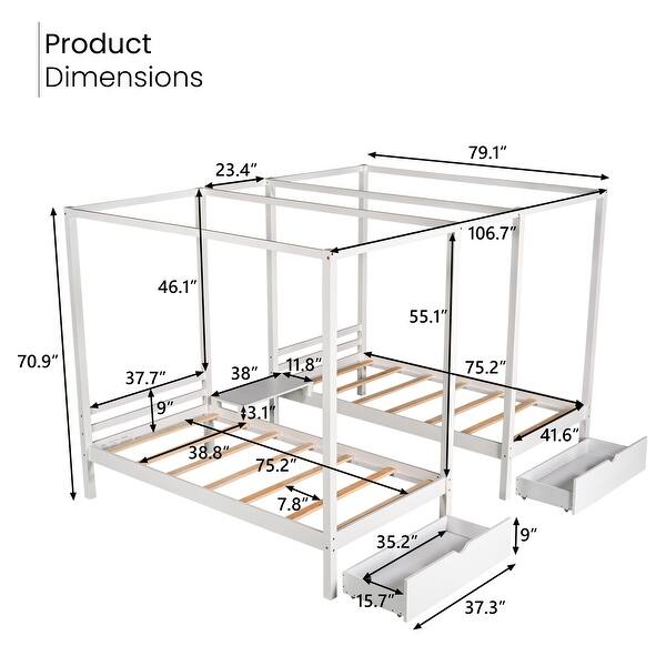 Sheya Double Twin Size Canopy Bed with Two Drawers and Built-in Desk ...