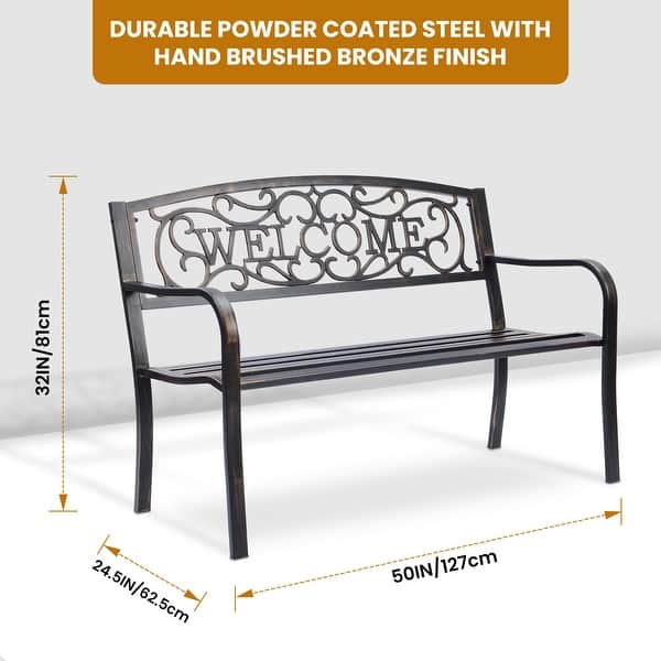 Welcome Metal Park Patio Bench, Outdoor Bench in Black for Porch, Lawn ...