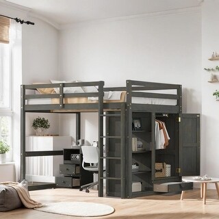Multi-Functional Wood Full Size Loft Bed with Built-in Wardrobe, Desk ...