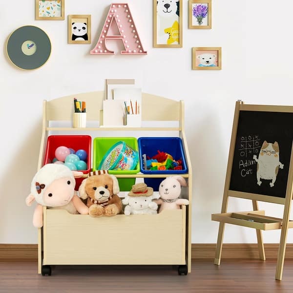 Costway Kids Wooden Toy Storage Unit Organizer w/Rolling Toy Box ...