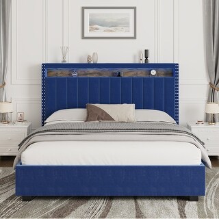 Full Size Velvet Blue Storage Bed with LED Lights and Gas Lift ...
