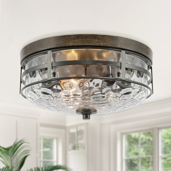 Zarbel Modern Farmhouse Drum 3-Light Rustic Faux Wood Accent Flush ...