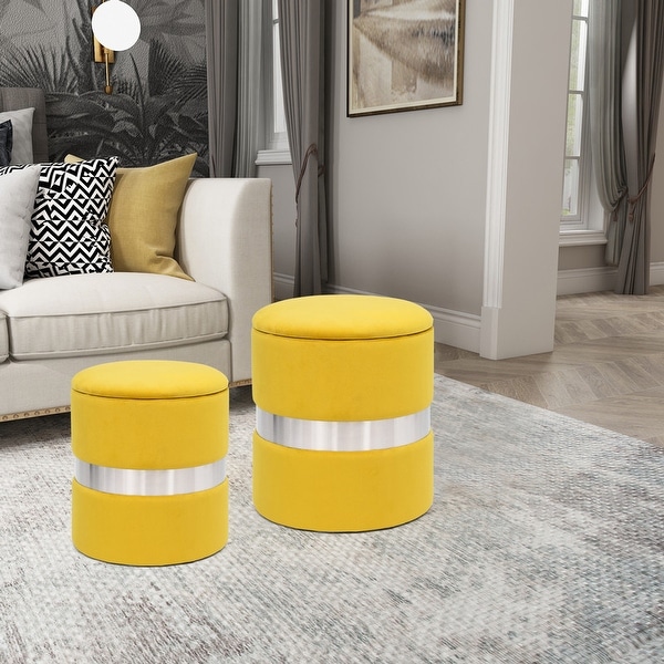 Adeco Set of 2 Velvet Storage Ottoman Round Foot Stool Metal Band On Sale Bed Bath Beyond 34500853