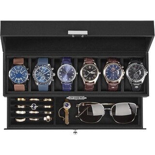2 Layers 6-Slot Watch Box Lockable Watch Case with Glass Lid, 1 Drawer ...