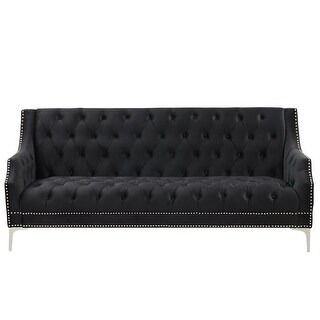 Livingroom 3 Seat Frosted Velvet Sofa w/ Rivets & Line Armrests, Black ...