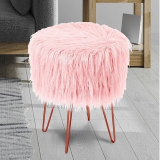 Round Shape Faux Fuzzy Fluffy Metal Leg Stool Ottoman - Bed Bath ...
