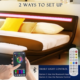 Modern Faux Leather Wave Platform Bed with LED Lights and Wood Slats ...