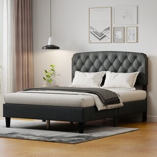 DARK GREY Full Size Platform Bed with Fine Linen Upholstery and Button ...