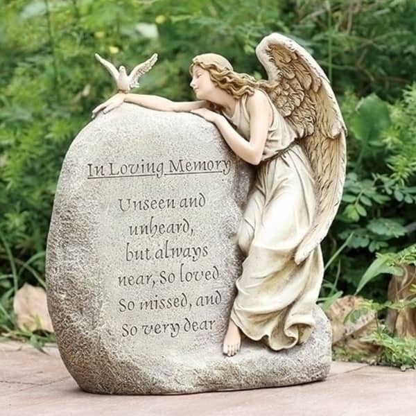 Set of 2 Angel with Memorial Rock Outdoor Garden Statues 11.25" - Bed ...