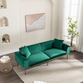 Velvet Square Arms Sofa Modern Loveseat with 2 Toss Pillows, Green ...