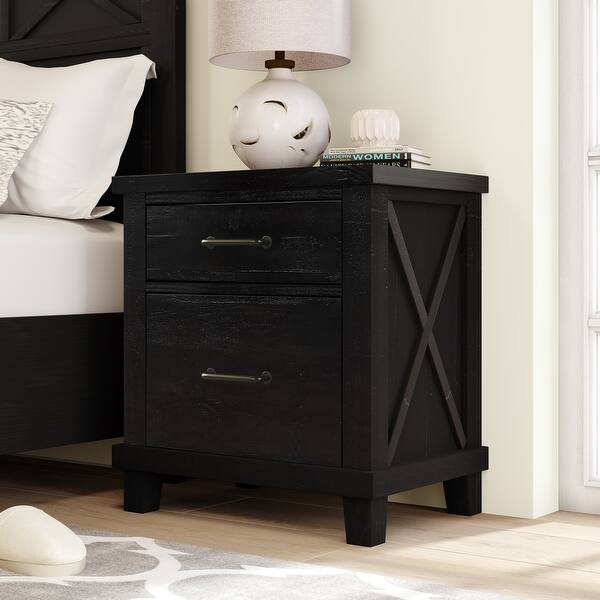 Coffee Pine Wood Nightstand with 2 Smooth-gliding Drawer and X-brace ...