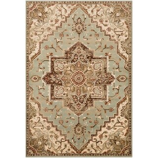 6'7" x 9'6" Medieval Pattern Beige and Sage Green Rectangular Area Rug ...