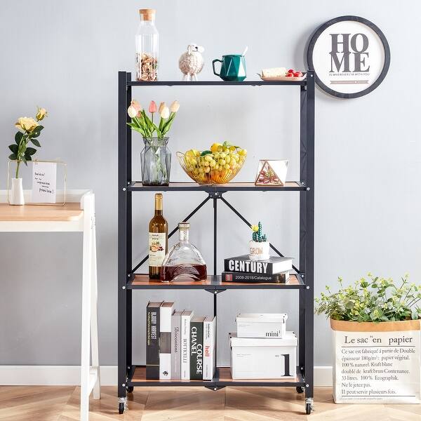 4-Tier Foldable Rack Storage Shelving Unit with Wheels Moving Easily ...
