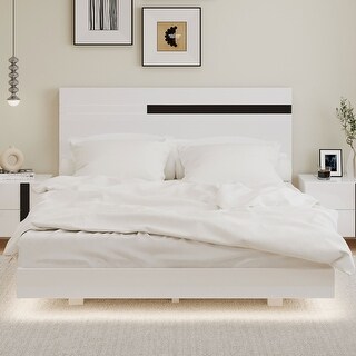 Floating Queen Bed with LED Lighting and 2 Nightstands, Modern High ...