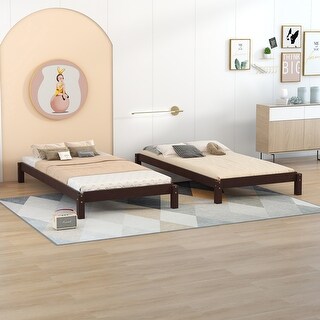 Space-Saving Twin Size Platform Bed, 2 Twin Solid Wood Bed Frame Guest ...