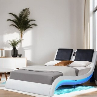 Queen Size Faux Leather Upholstered Platform Bed Frame with Led ...