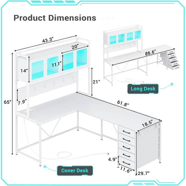 L Shaped Gaming Desk Computer Desk Pegboard 5 Drawers Storage Shelf ...