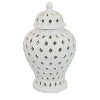 Deni 13 Inch Temple Jar, Pierced, Carved Lattice Design, Lid, White ...