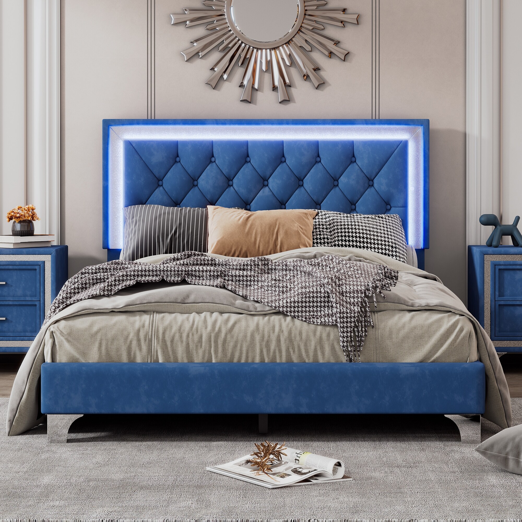Romantic Blue Platform Bed Velvet Upholstered LED Lights Bed Frame Wood ...