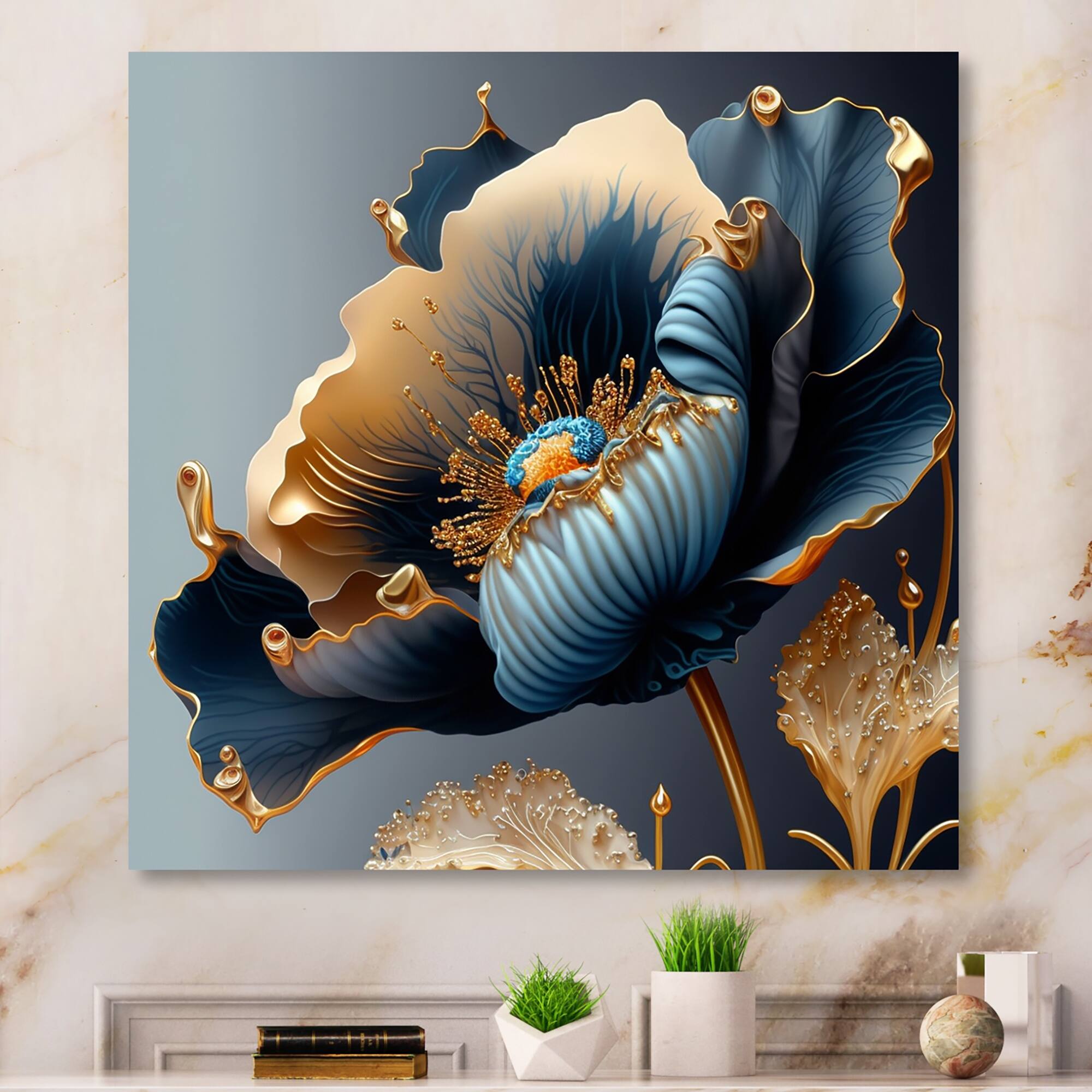 Designart 'Deep Blue And Gold Single Flower VI' Floral & Botanical ...