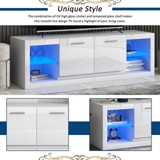 61-Inch TV Console with LED Lights, Glass Shelves & High Gloss Finish ...