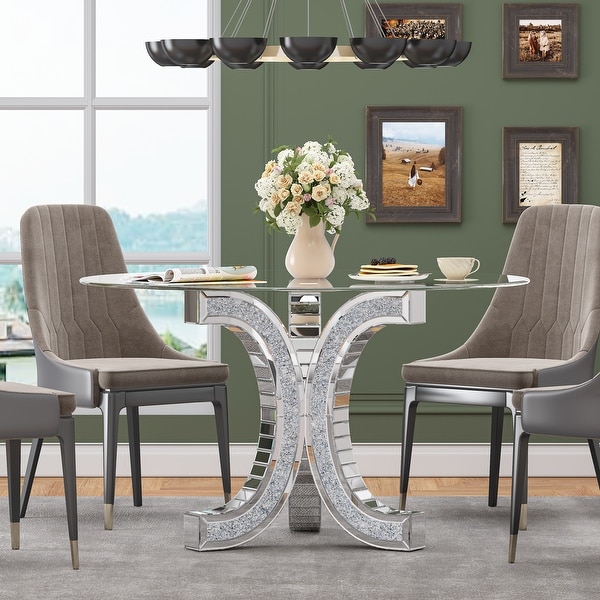 Dining Table with Round Glass Top, Silver and Clear - On Sale - Bed ...