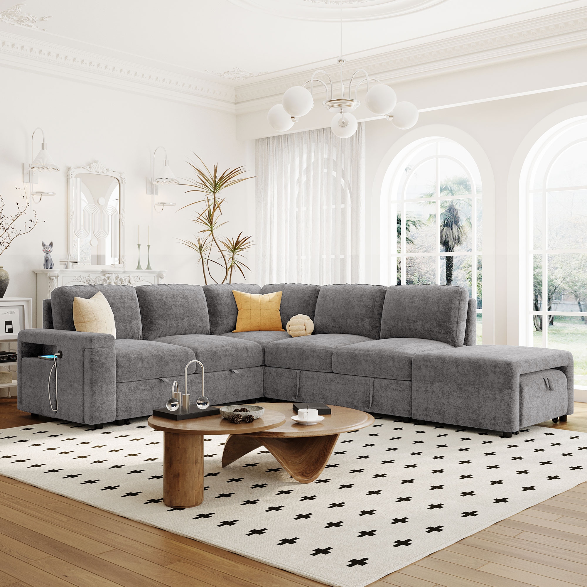 90.6 Sectional Sleeper Sofa L Shape Upholstered Storage Couch with Hidden Cup Holder USB Port Removable Ottom Gray