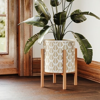 Boho Metal Planter Pot With 4-Leg Wood Base - White & Gold - Bed Bath ...