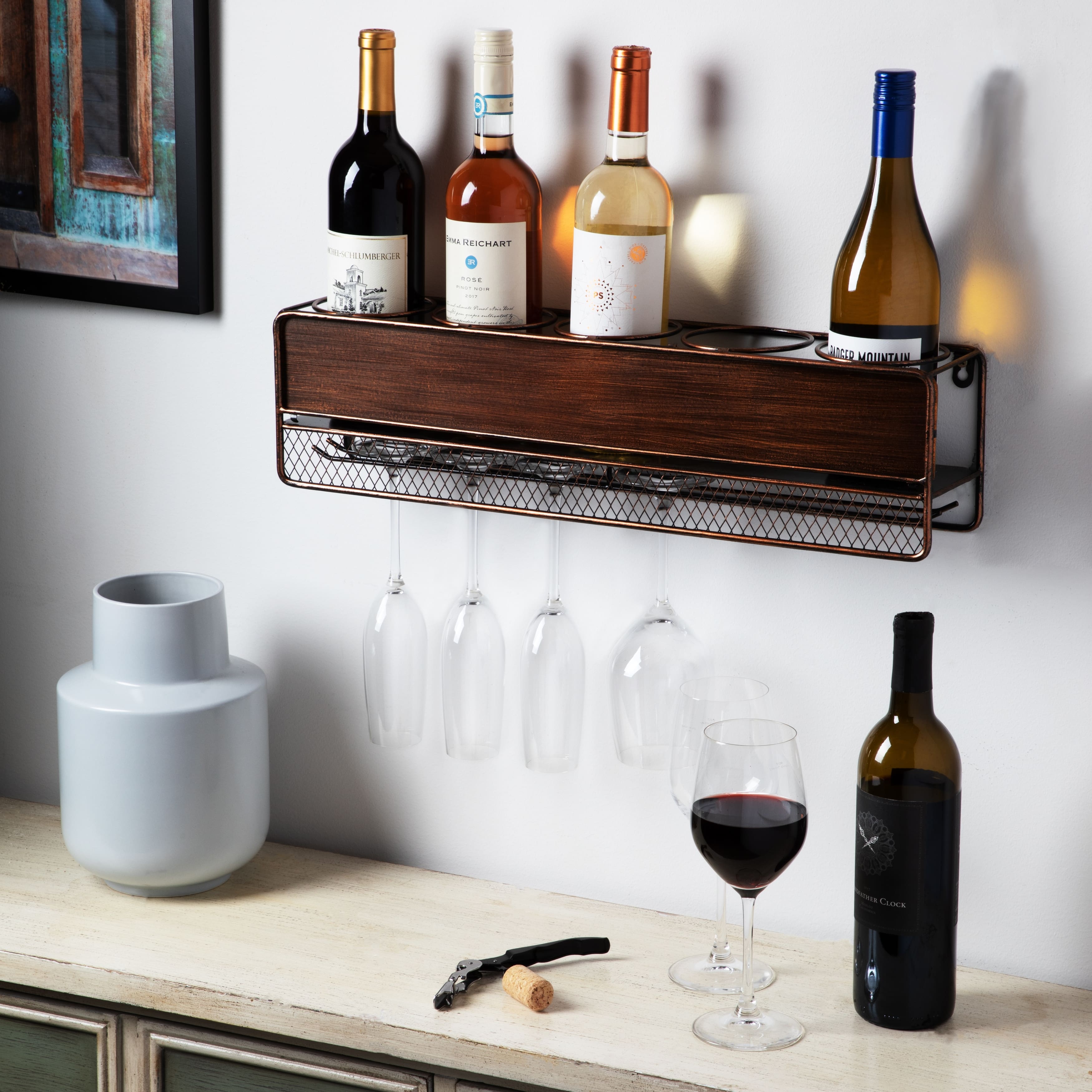 True Wall Mounted Wine Shelf & Stemware Rack, Wooden Wine Rack, Holds 5 ...