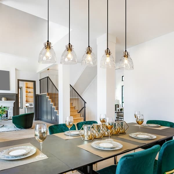 Elisie Modern Linear Chandelier 5-Lights Water Glass Pendant Light Hammered Kitchen Island Bar ...