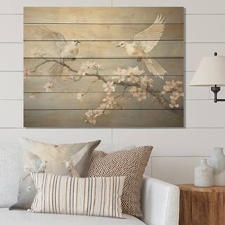 Designart "White And Grey Birds Floral Serenity I" Bird Wood Wall Art ...