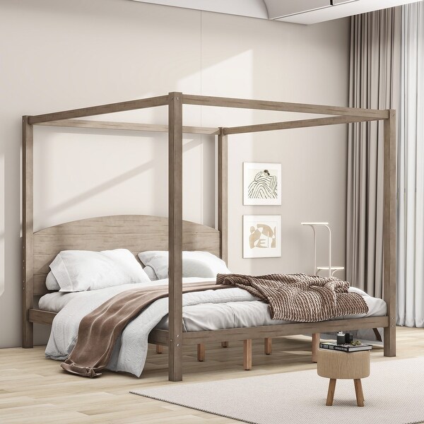 Brown King Size Modern Pine Wood Canopy Platform Bed with Headboard and Support Legs Sturdy Frame Wash Finish
