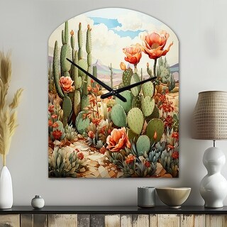 Coral Green Cactus Desert Blooms Pointillism III - Cactus Wall Clock in ...