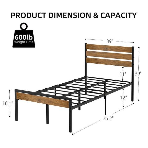 Bed Frame with Wood Headboard and Metal Slats Support - Bed Bath ...