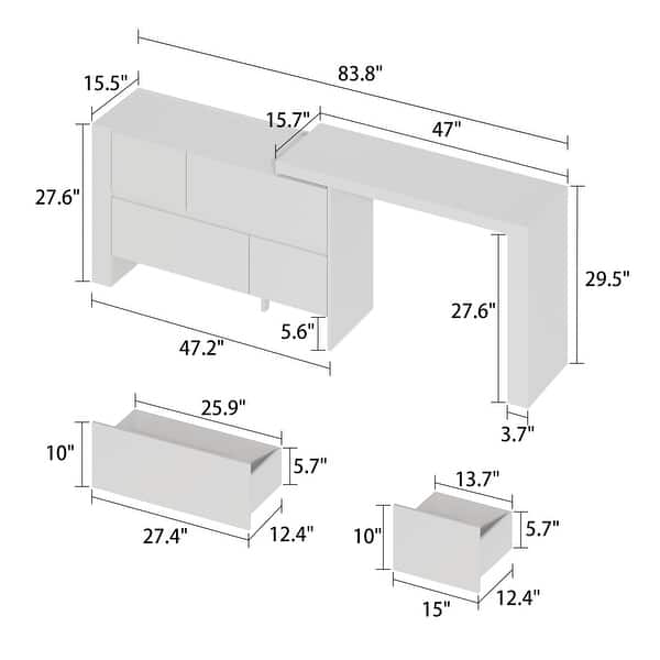 Versatile L-Shaped Desk and Vanity - White & Light Walnut Bedroom Desk ...